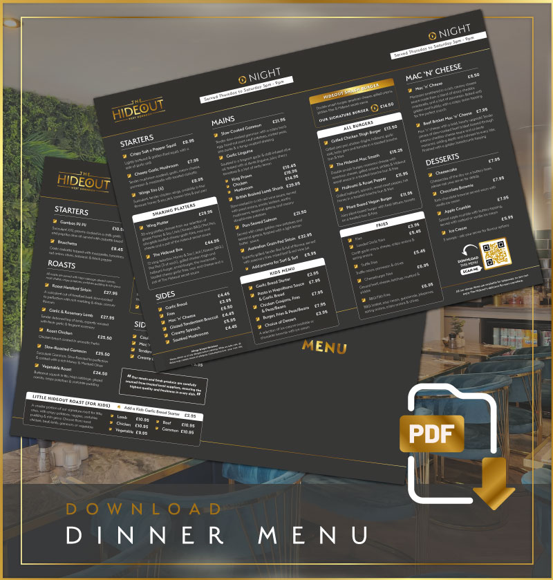Menus at The Hideout | Upmarket Bistro in West Horndon, Essex